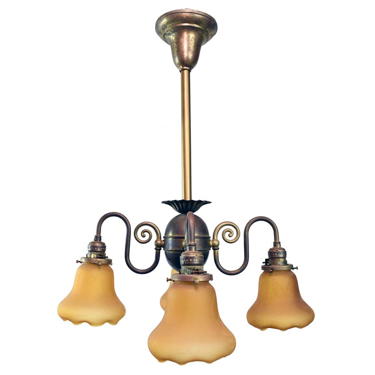 4 Arm Swirling Brass Fixture with Scalloped Shades at 1stDibs