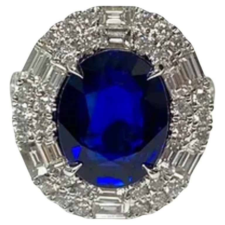 Customizable 4 Carat Ceylon Sapphire and Diamond Engagement Ring, Art Deco Halo Wedding Ring For ...