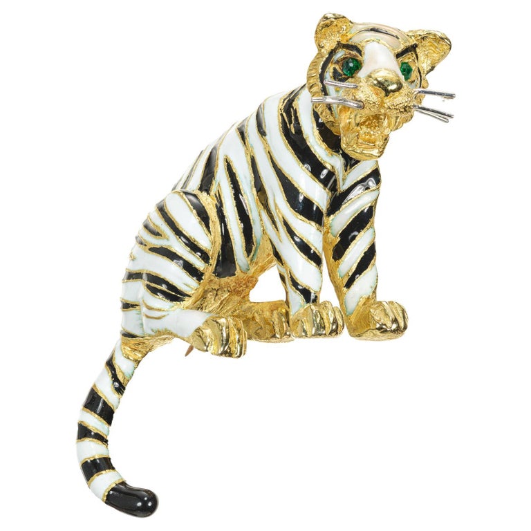 .4 Carat Emerald 18k Two-Tone Gold Black White Enamel Tiger Brooch at ...