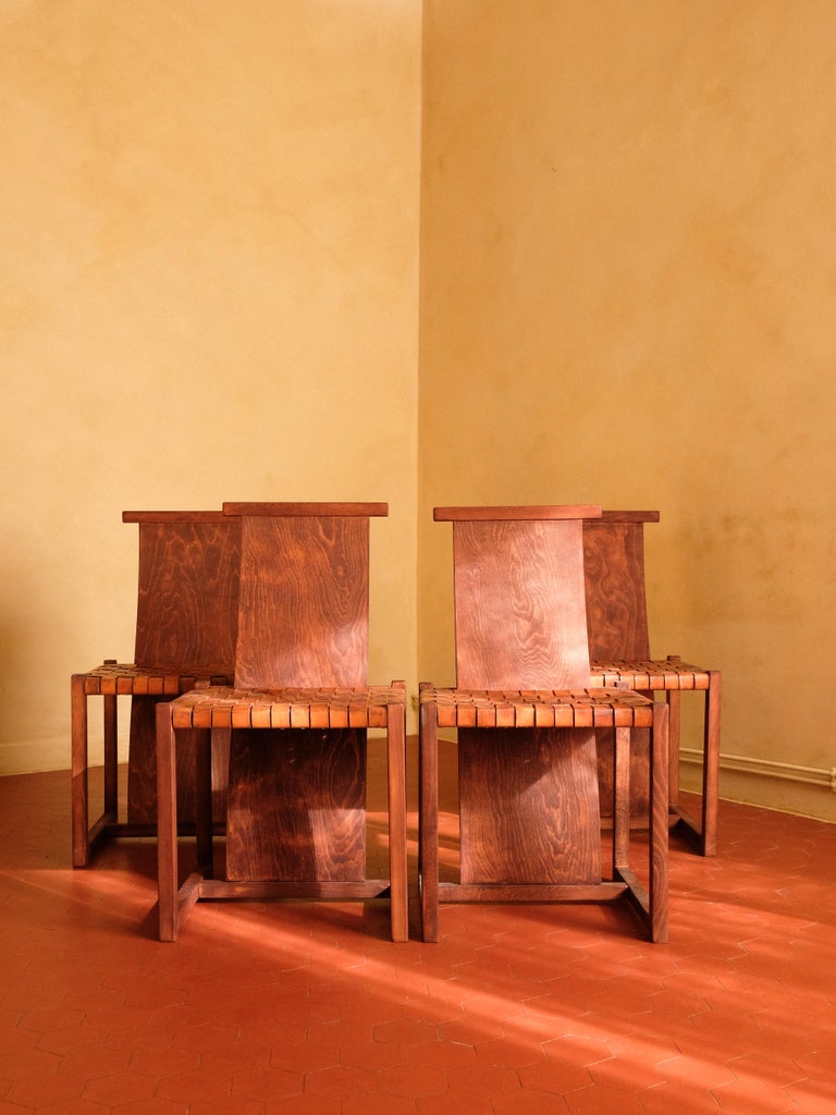 4 Chairs in Leather and Tinted Wood, 1970s, Midcentury Italian Design ...
