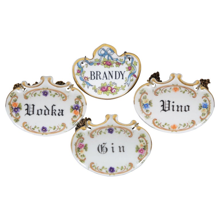 4 English Porcelain Liquor Bottle Decanter Label Tags Brandy Vodka Vino ...