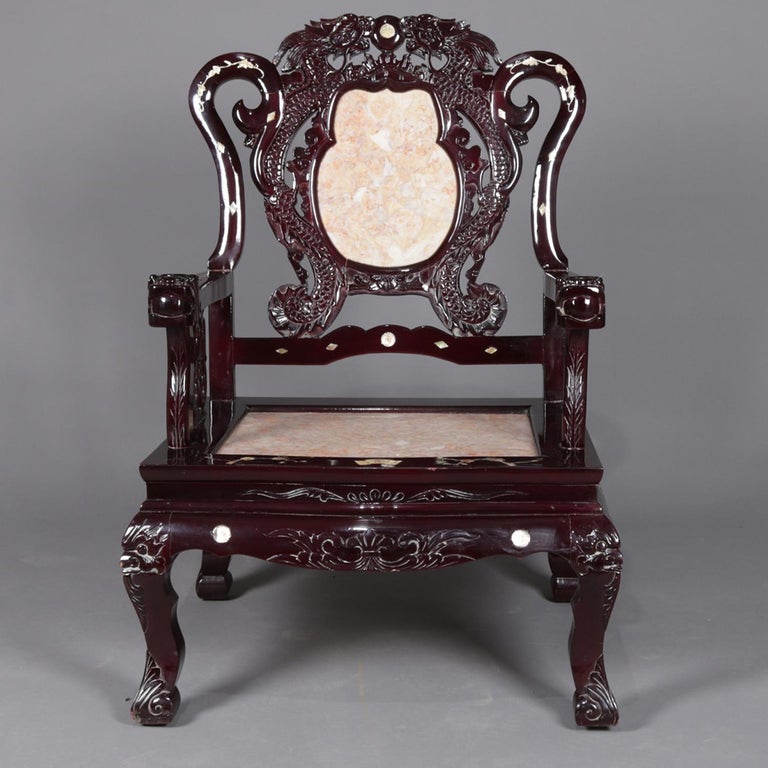 4 Figural Chinese Mother of Pearl Inlaid Carved Hardwood Marble Chairs ...