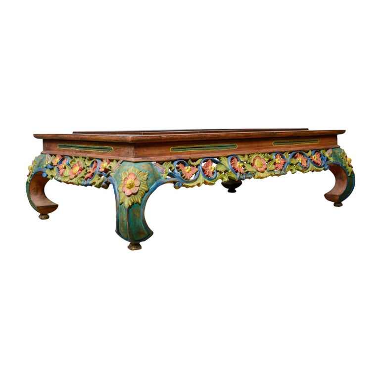 4 Foot Vintage Oriental Low Coffee Table, Hand Carved Painted Frieze at ...