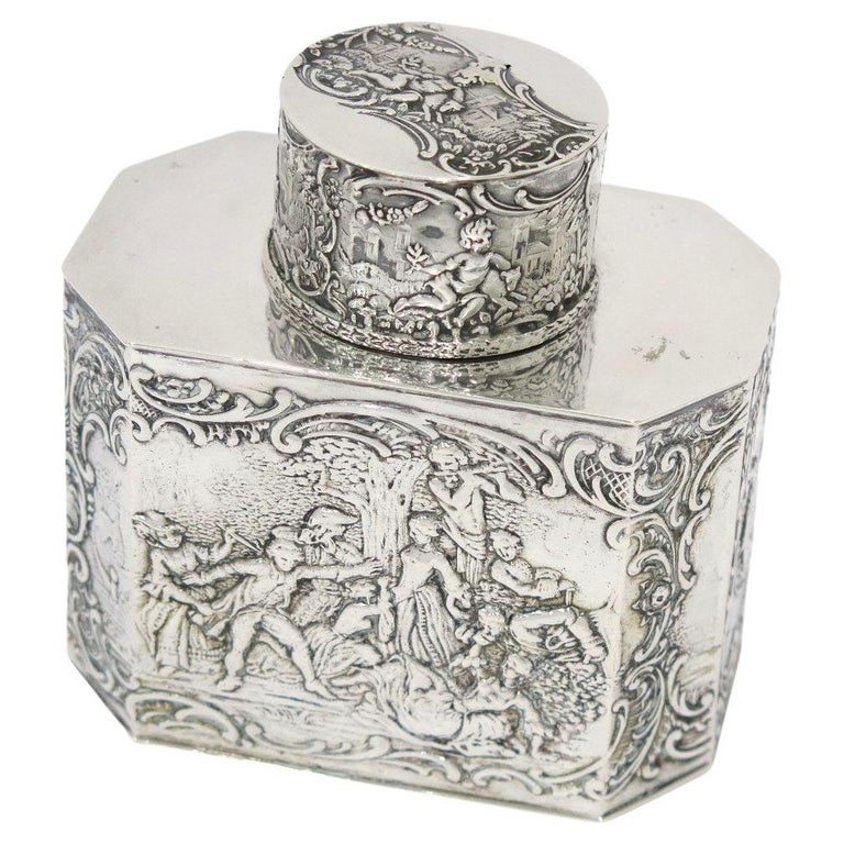 European Silver Antique German Hanau Socializing Scene Tea Caddy For ...