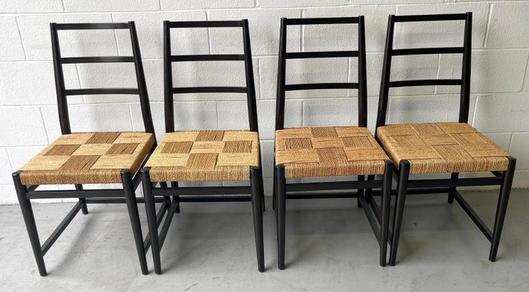 4 Italian Ebonized Ladder Back Woven Rope Geometric Seats, Style of Gio ...