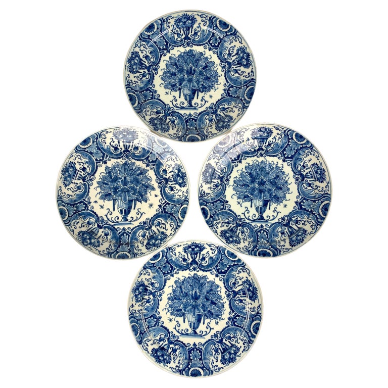4 Large Blue and White Dutch Delft Plates Hand Painted, 18th Century ...