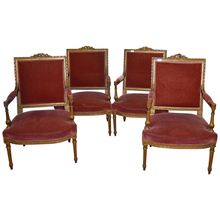 4 Louis XVI Style Chairs, Napoleon III Period, Partially Gilded For ...