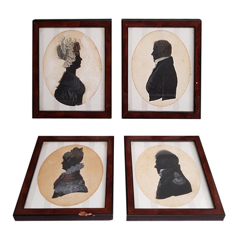 4 Mid-19th Century Miniature Silhouettes All Hand Drawn 2 Ladies and 2 ...