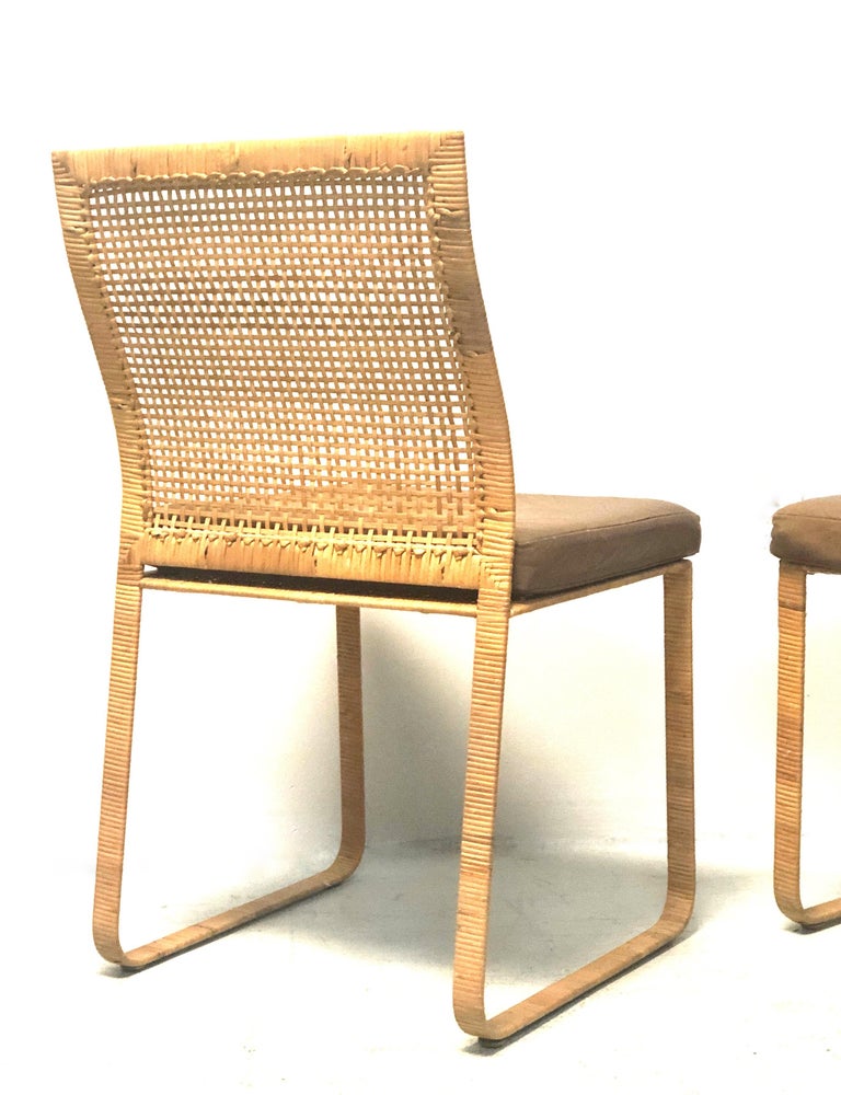 Pair Modern Tropical Woven Cane Chairs with Removable Leather Seats at ...