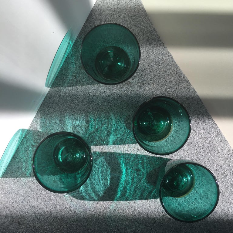 4 Piece Set of Green Hand Blown Glasses with Parota Wood Coasters For ...