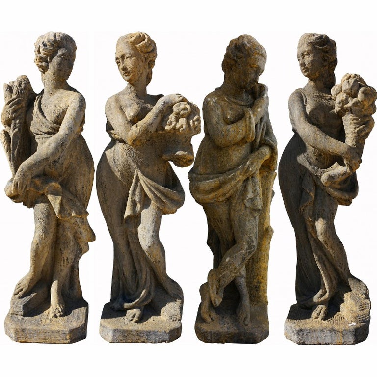 4 RECONSTITUTED STONE GARDEN STATUES WITH BASE THE FOUR SEASONS early ...