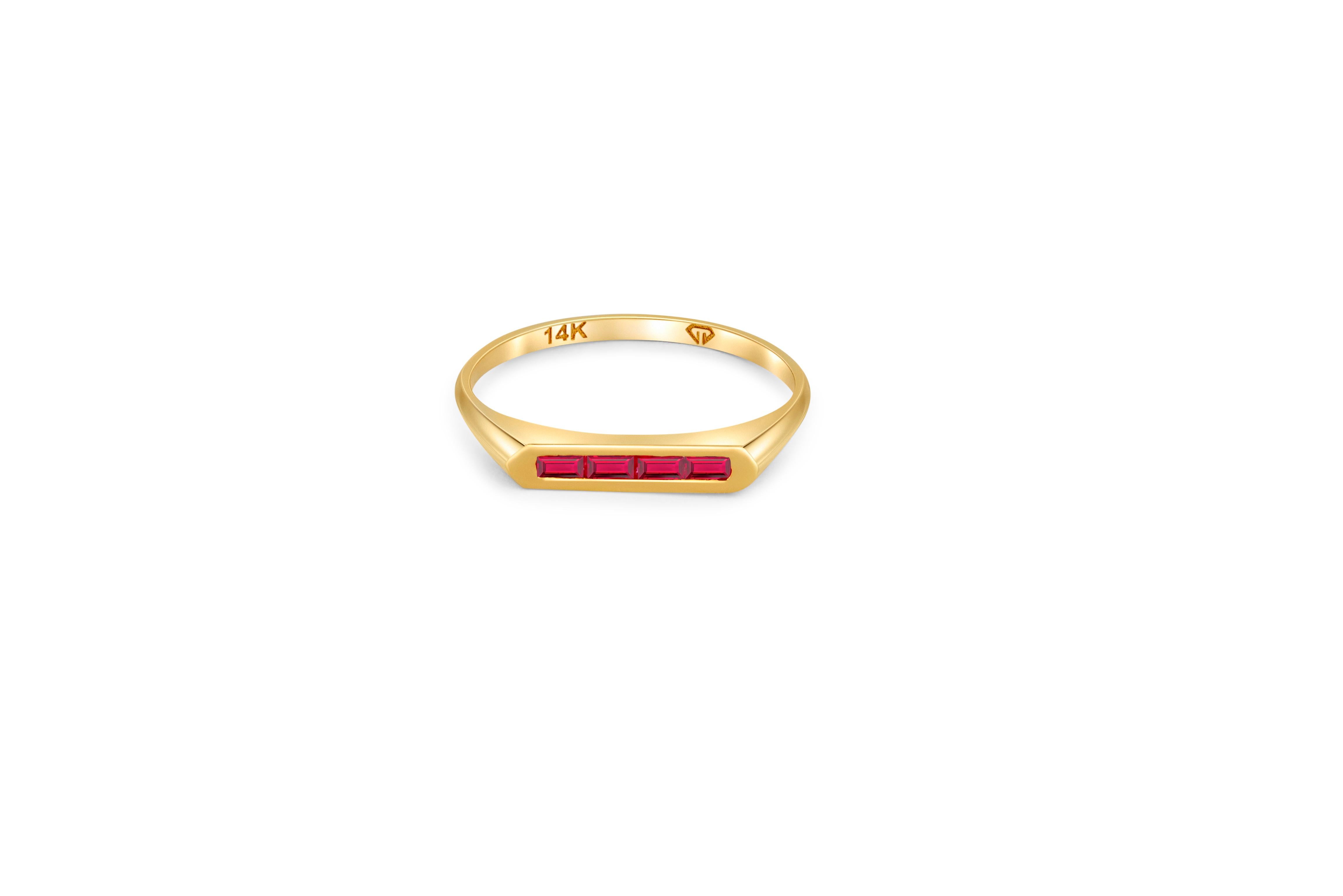 4 Stone Bricks Baguette Cut Lab Ruby 14k Gold Wedding Band. For Sale at 1stDibs