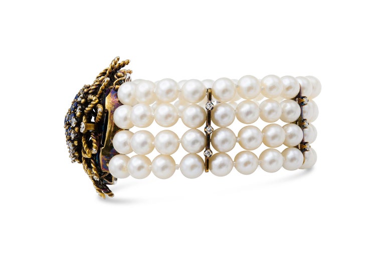 4 Strand Pearl Bracelet with Sapphire Flower Clasp For Sale at 1stDibs