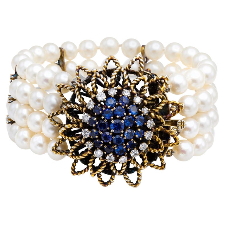 4 Strand Pearl Bracelet with Sapphire Flower Clasp For Sale at 1stDibs