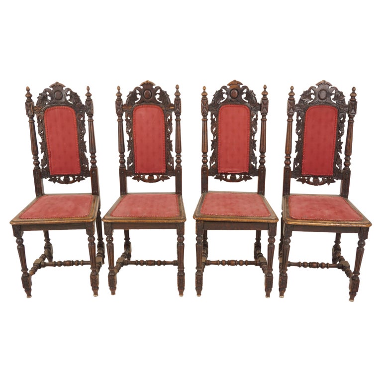 4 Victorian Carved Oak Carolean Style Dining Chairs, Scotland 1890 ...