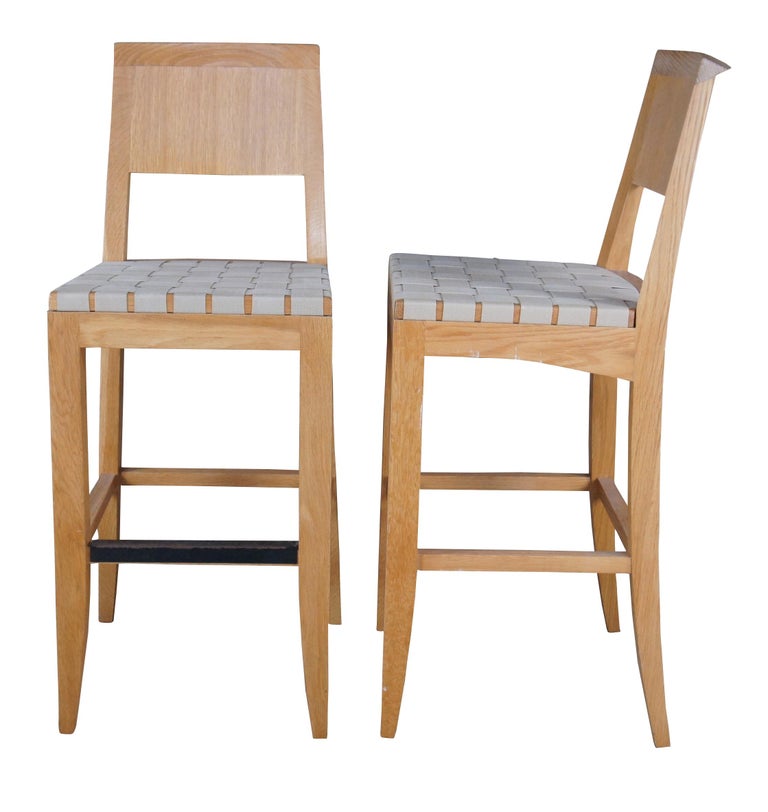 4 Vintage Bohemian Modern Solid Oak Strapped Bar Stools Foot Rest Boho ...