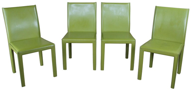4 Vintage Maria Yee Green Leather Modern Side Dining Chairs Minimalist ...