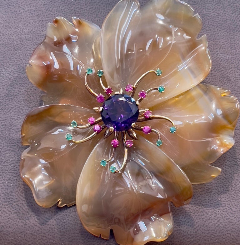 400 Carat Natural Agate, Amethyst, Ruby and Emerald Big Flower Pin 14K ...