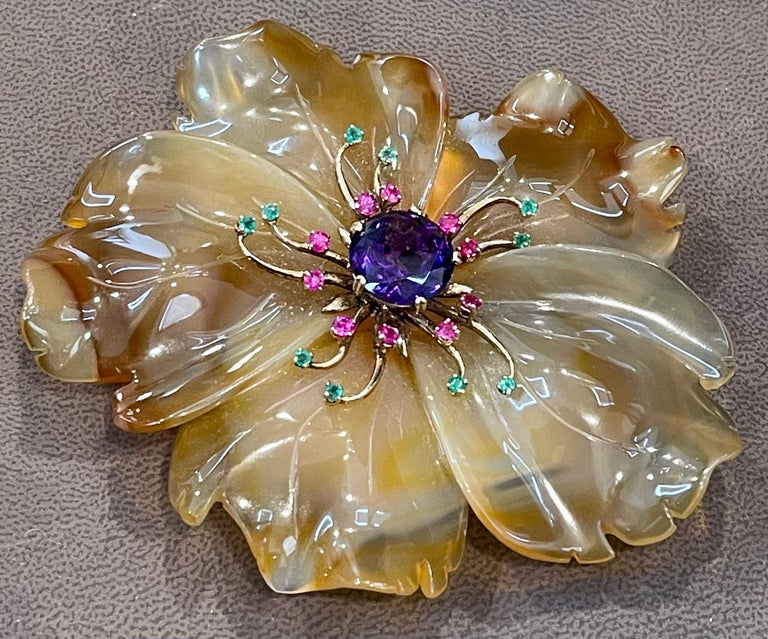 400 Carat Natural Agate, Amethyst, Ruby and Emerald Big Flower Pin 14K ...