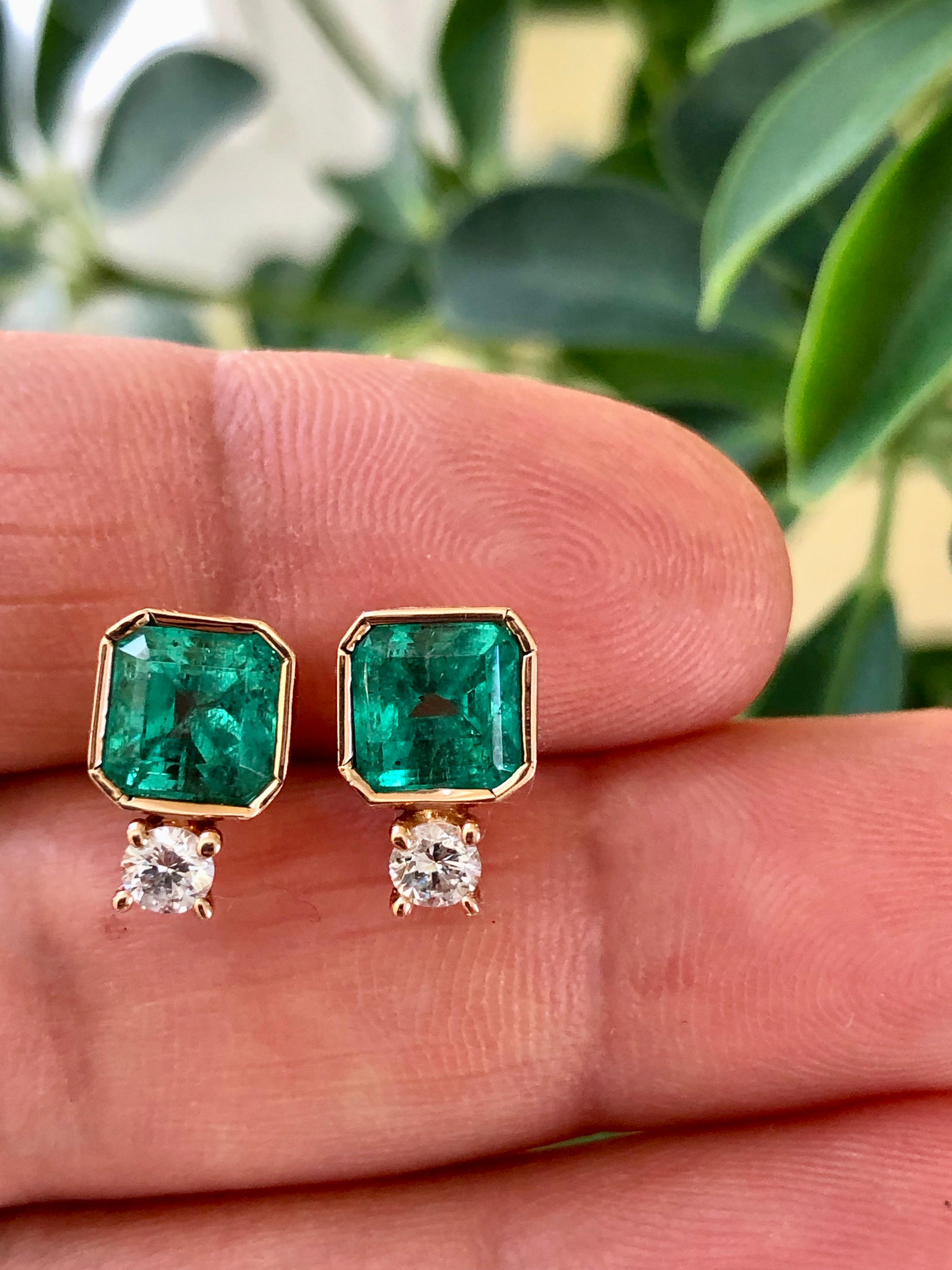 4.00 Carat Square Colombian Emerald Diamond Stud Earrings 18 Karat at 1stDibs | square emerald ...