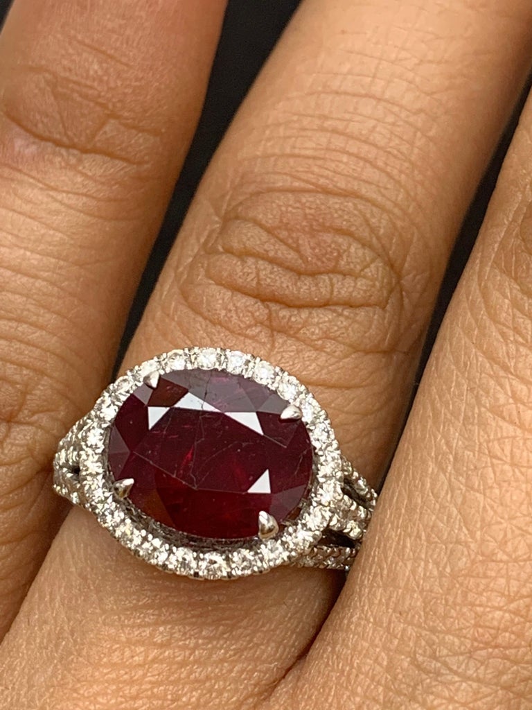 4.06 Carat Oval Ruby and Diamond Cocktail Ring in 14K White Gold For ...