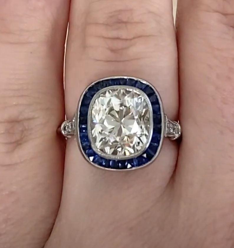 4.06ct Antique Cushion Cut Diamond Engagement Ring, Sapphire Halo ...