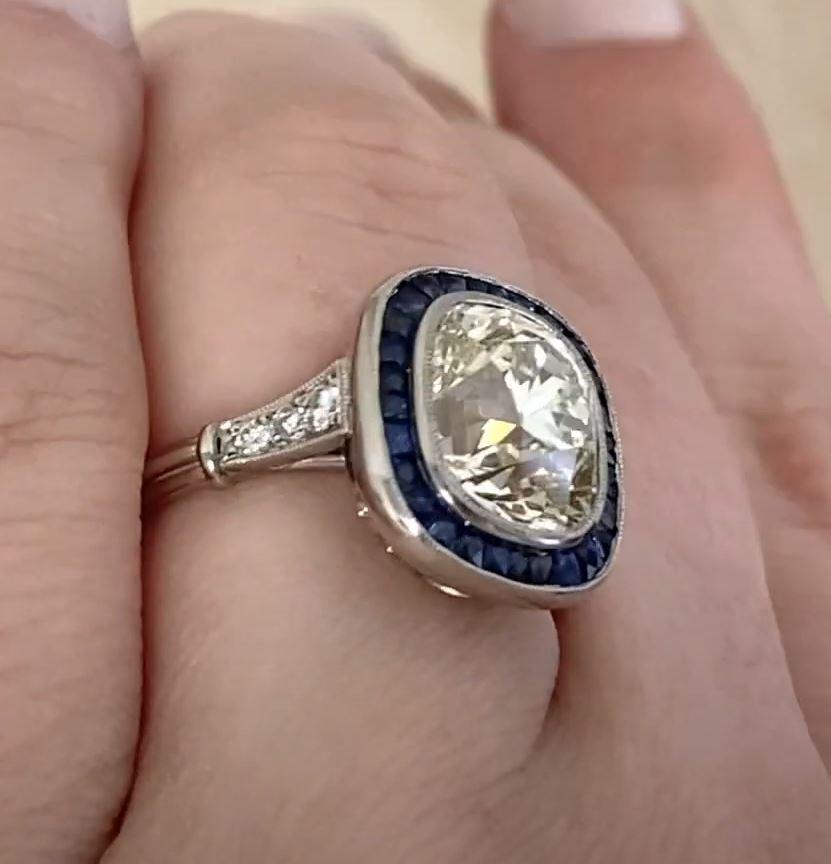 4.06ct Antique Cushion Cut Diamond Engagement Ring, Sapphire Halo ...