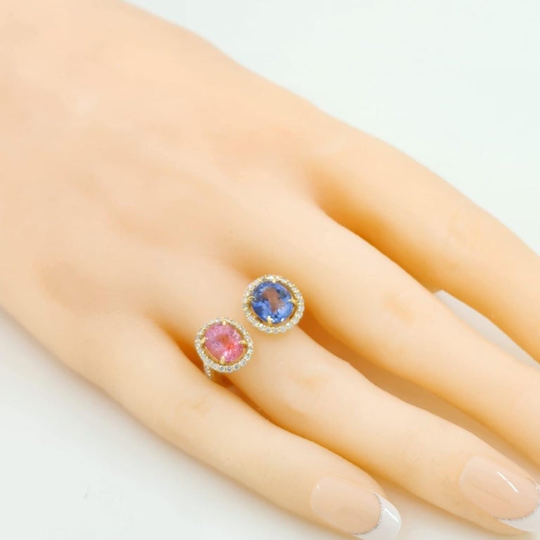 4.07 Carat Pink and Blue Sapphire Toi Et Moi Ring in 18 Karat Yellow ...