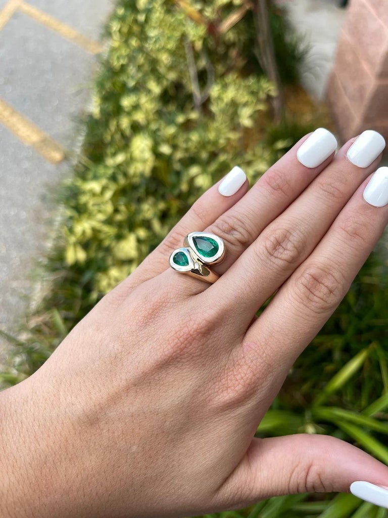 4.08tcw Dark Green Tear Drop Emerald Bypass Two Stone Bezel Statement ...