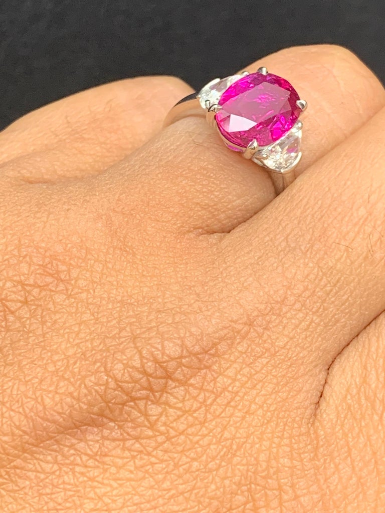 4.09 Carat Oval Cut Ruby and Diamond Three-Stone Engagement Ring in ...