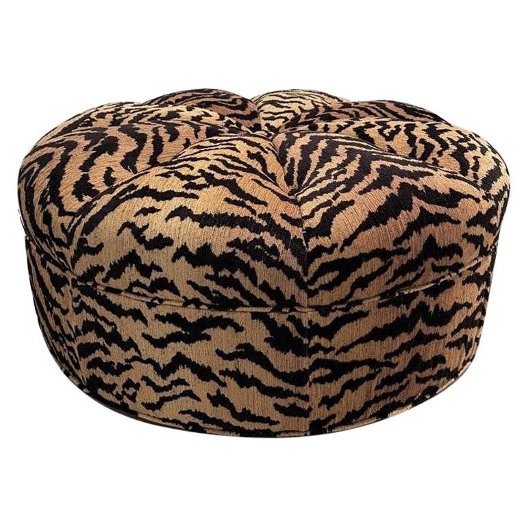 Circular Ottoman in Italian Designer Silky Tiger Woven Heavy Chenille ...