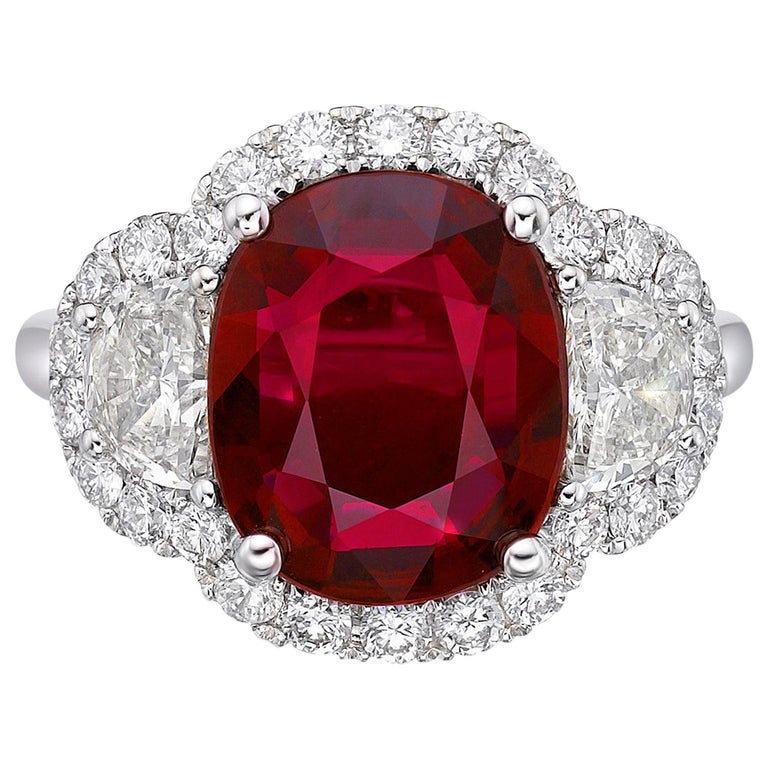4.14 Carat Vivid Red Ruby GRS Certified Diamond Ring Oval Cut at 1stDibs
