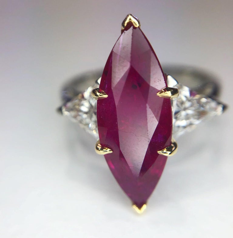 4.15 Carat Marquise Natural Ruby Ring with 0.75 Carat of Trillion ...