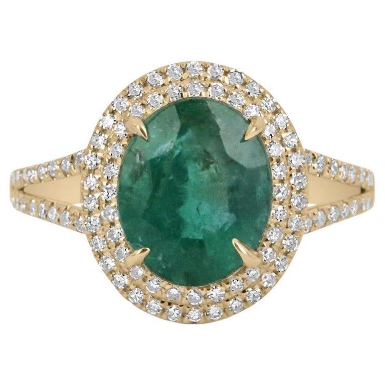4.20tcw 14K Natural Emerald-Oval Cut and Diamond Double Halo Yellow ...