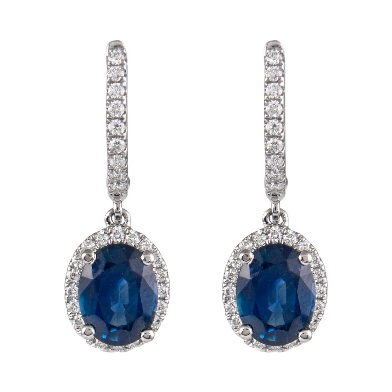 Blue Sapphire Oval White Diamond Round Halo Dangle Drop Clip-on Gold ...