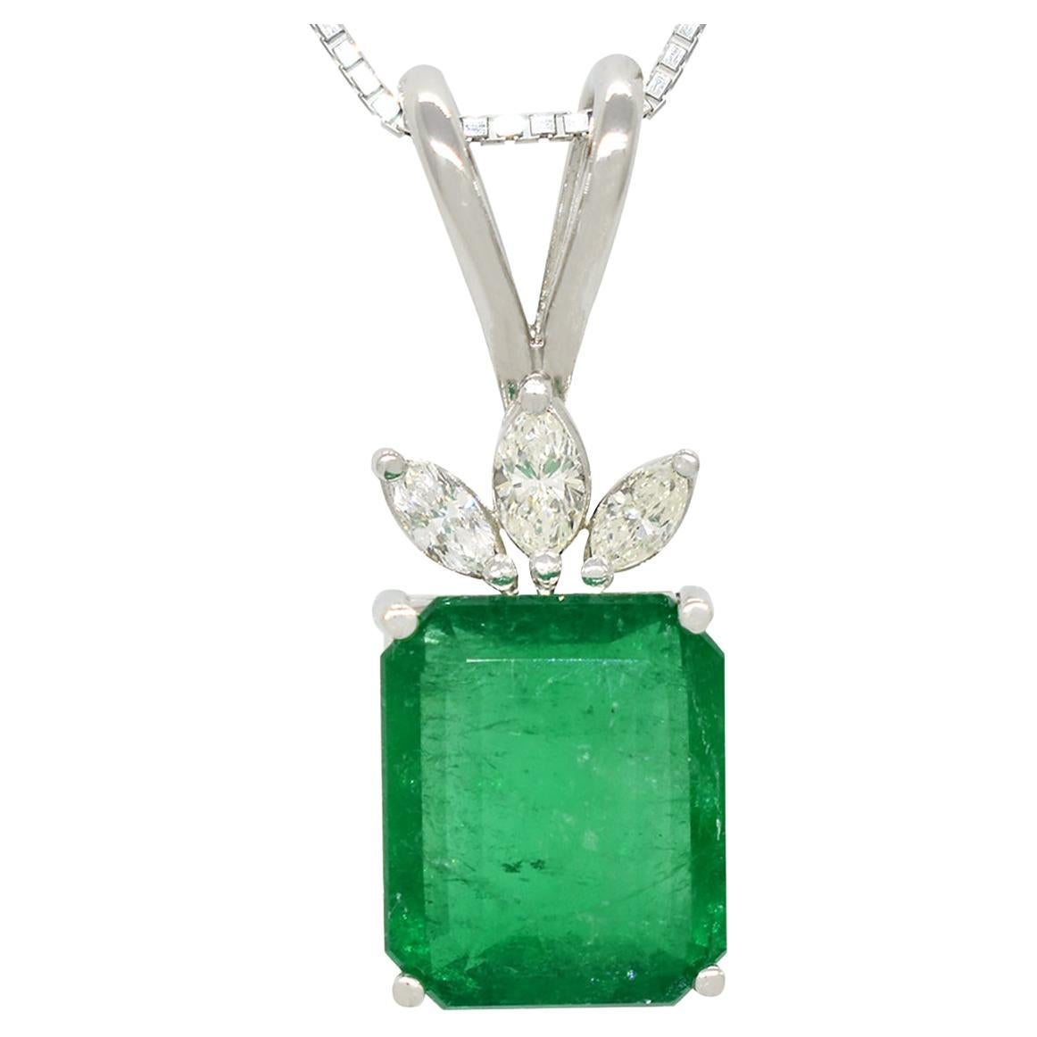 4.26 Carats Emerald Cut Natural Emerald Pendant With Marquise Diamonds ...
