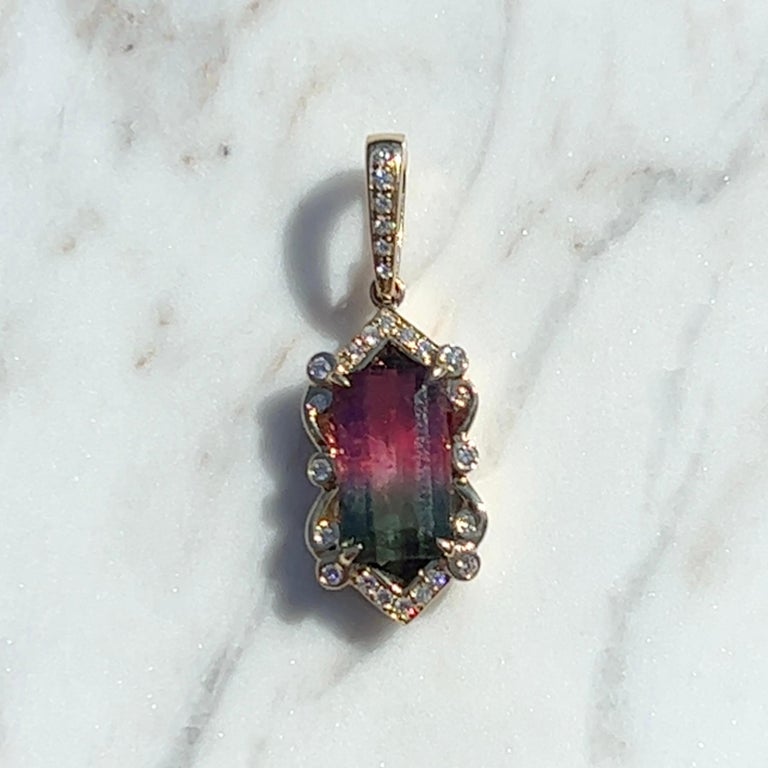 4.28-Carat Emerald Cut Watermelon Tourmaline and Diamond Pendant in 14k ...