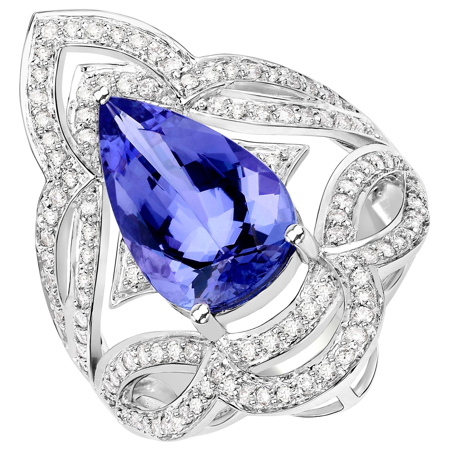 4.96 Carat Genuine Tanzanite and Diamond 14 Karat White Gold Cocktail ...