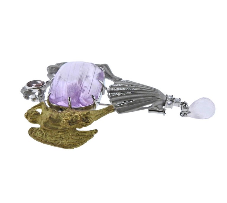 43 Carat Kunzite Diamond Gemstone Gold Angel Pendant Brooch For Sale at ...