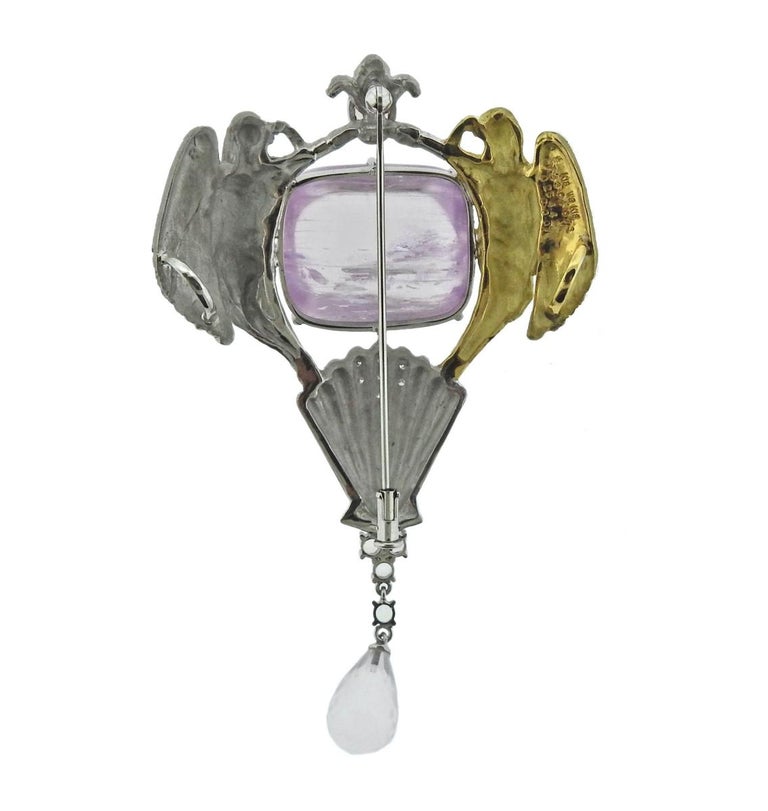 43 Carat Kunzite Diamond Gemstone Gold Angel Pendant Brooch For Sale at ...