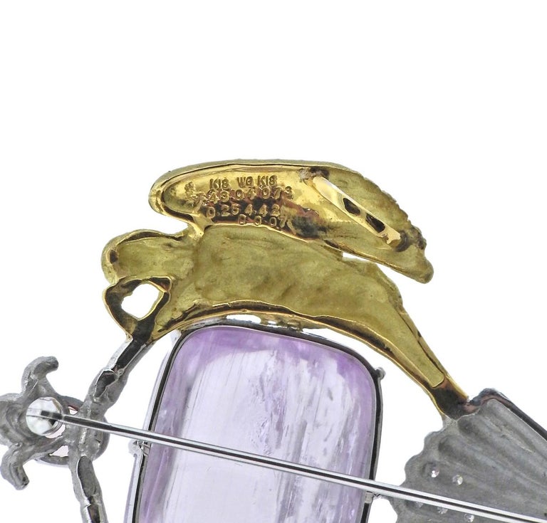 43 Carat Kunzite Diamond Gemstone Gold Angel Pendant Brooch For Sale at ...