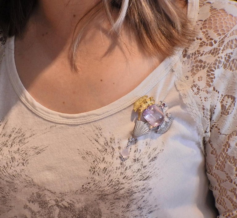 43 Carat Kunzite Diamond Gemstone Gold Angel Pendant Brooch For Sale at ...