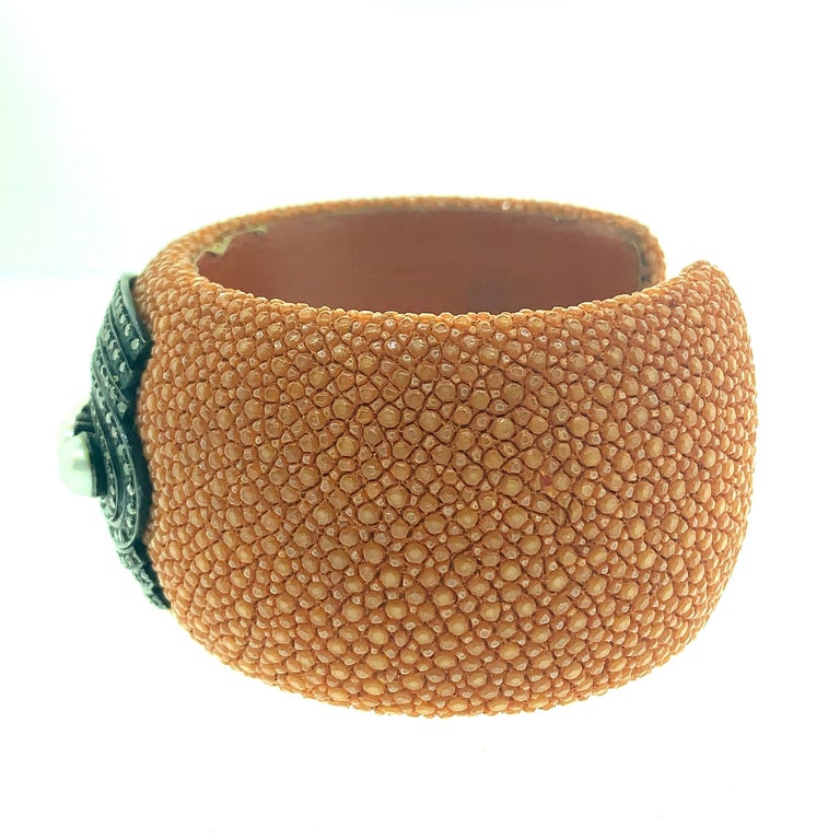 4.30 Carat Pearl, Diamond Stingray Leather Bangle Oxidized Sterling ...