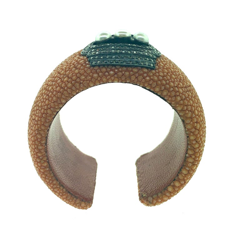 4.30 Carat Pearl, Diamond Stingray Leather Bangle Oxidized Sterling ...