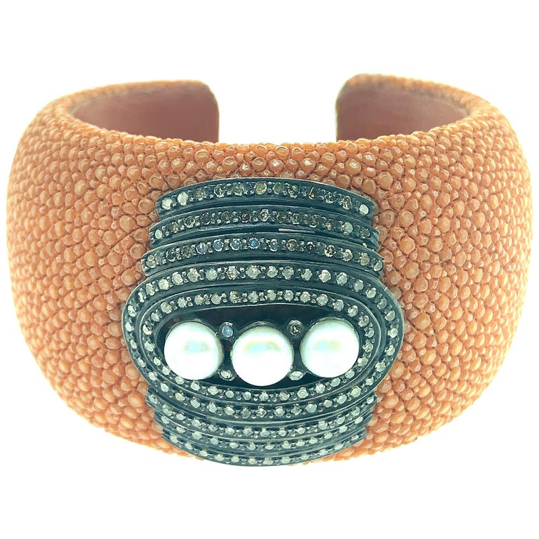 4.30 Carat Pearl, Diamond Stingray Leather Bangle Oxidized Sterling ...