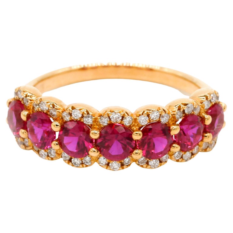 4.30 TCW Round Cut Ruby Prong Setting Diamond Band Ring in 18 k Yellow ...