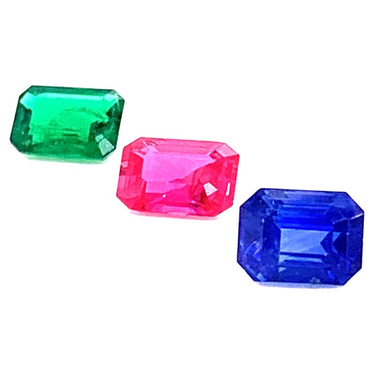 4.39 Carat Octagon-Cut Ruby, Emerald, Sapphire Trio Set For Sale at 1stDibs