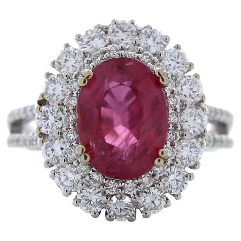 4.39 Carat Weight Oval Shape Ruby and Round Diamond Fashion Ring in 18k White Gold For Sale at ...