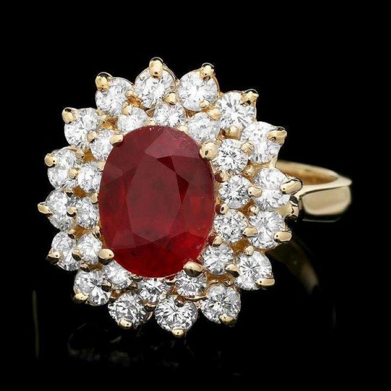 4.40 Carats Natural Red Ruby and Diamond 14K Solid Yellow Gold Ring For ...