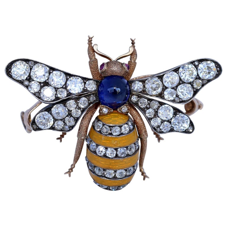 Bee Brooch 4.5 Ct Diamonds Sapphire Guilloche Enamel Yellow Gold ...